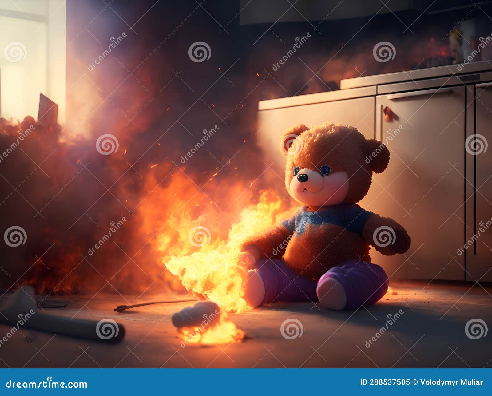 A Fire in an Apartment, a Children S Toy Teddy Bear in Front of a Fire ...