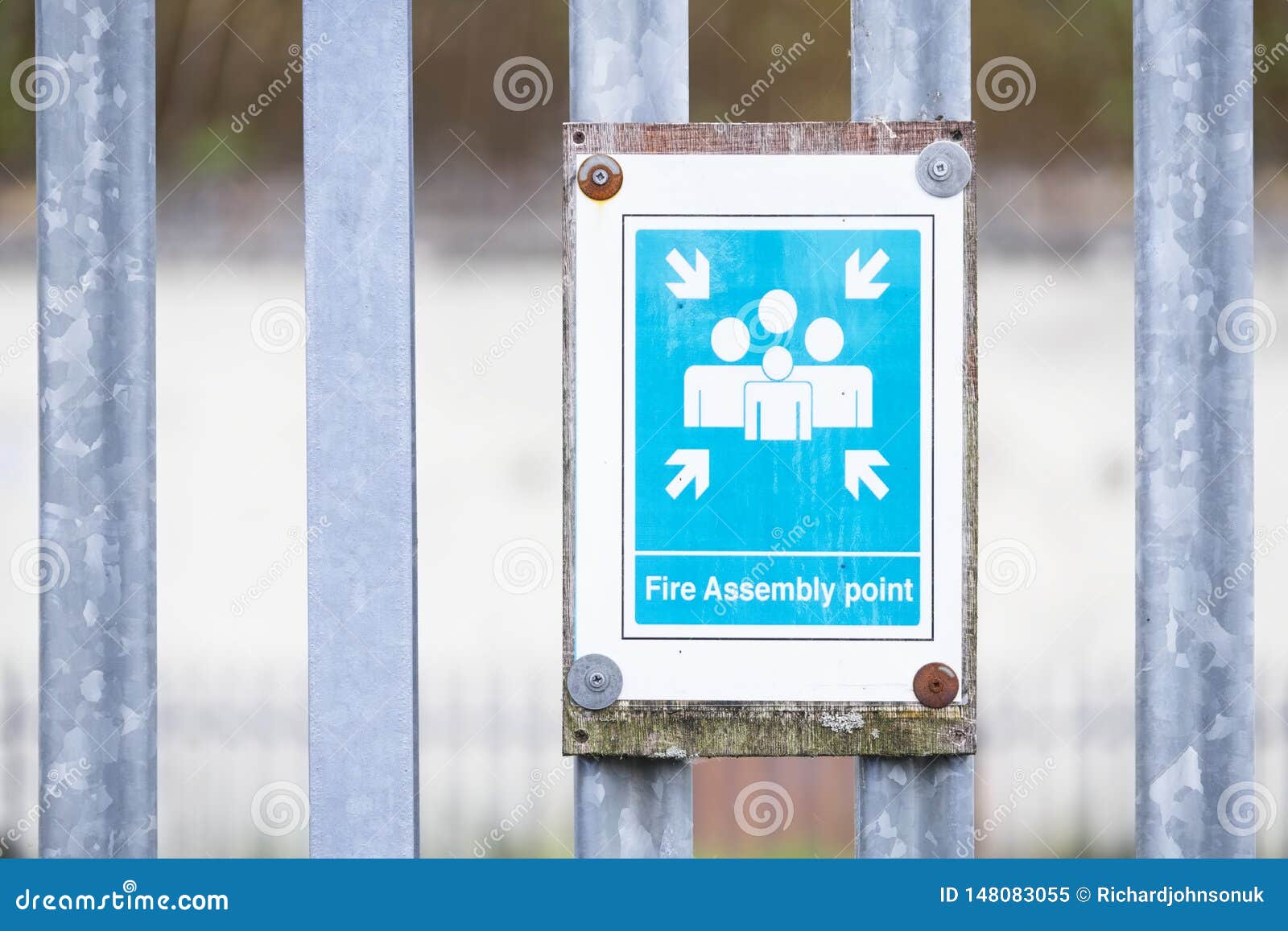 Fire Assembly Point Blue Sign on Fence Stock Image - Image of engine ...