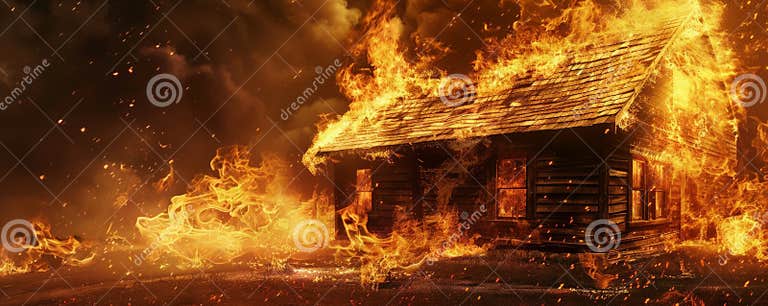 A Fire Background Featuring Flames Consuming a Wooden Cabin, Creating a ...