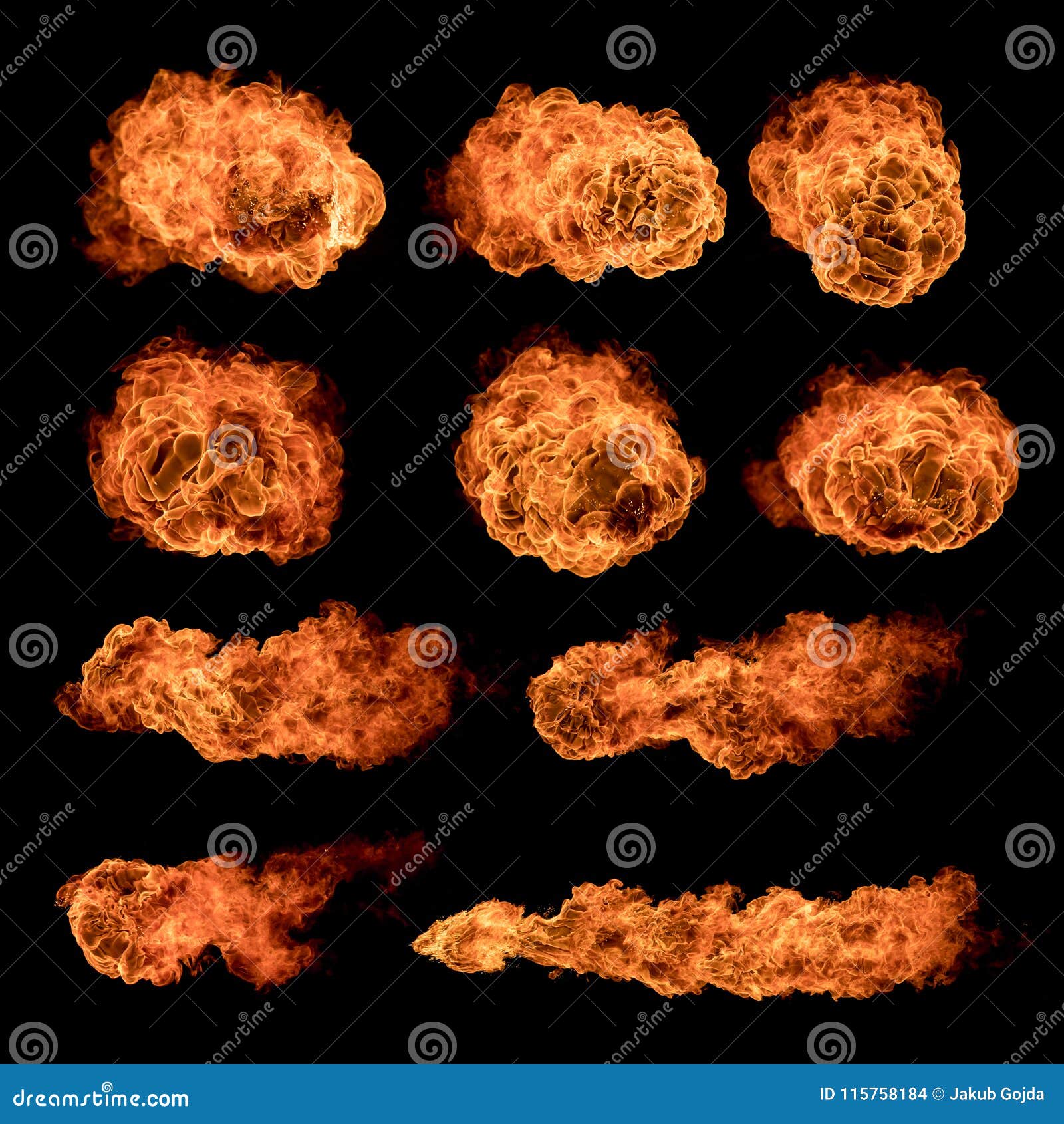 Fire Balls Textures Collection on Black Background Stock Photo - Image ...