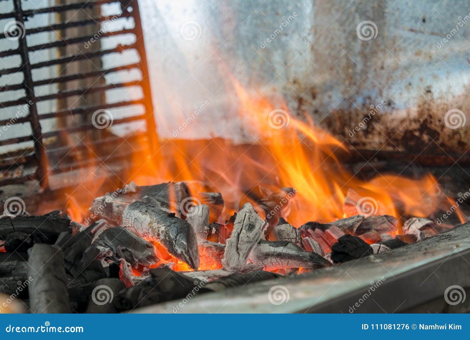 Fire on the Barbeque grill stock photo. Image of grill - 111081276
