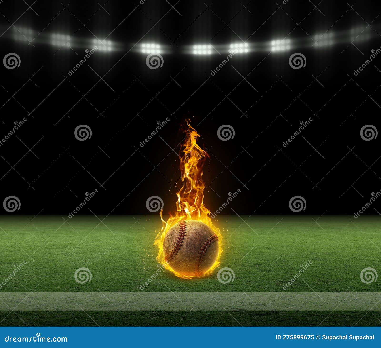 Fire Baseball Ball. on a Grass Field with Stripe and Black Background ...