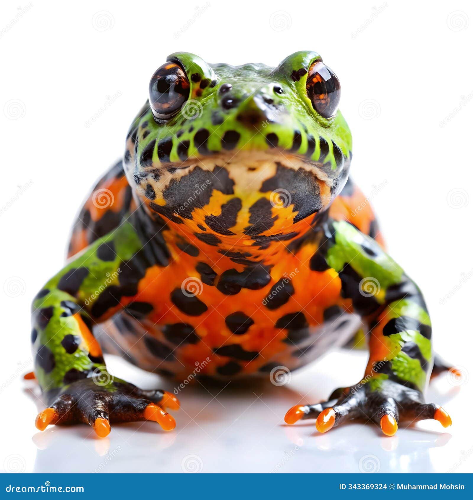 Fire-bellied Toad with Green, Black and Orange Skin Sitting Isolated on ...
