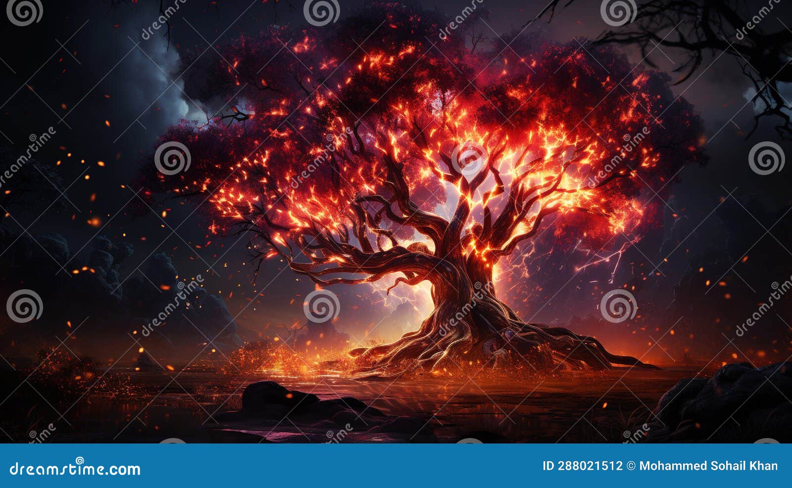 Fire on the Big. Tree Burning Tree in Forest AI Generative Stock ...