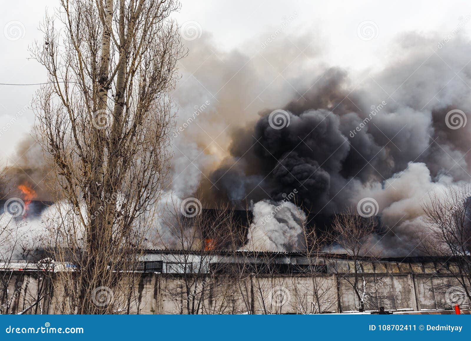 Fire and Black Smoke Over Burning Factory Stock Image - Image of ...