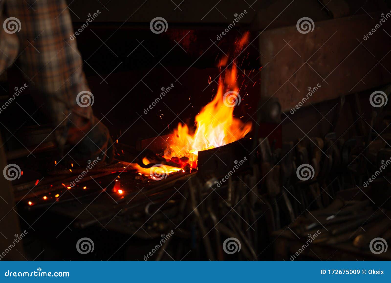 Fire of Blacksmith in the Blacksmith`s Workshop. Blacksmith at Work ...