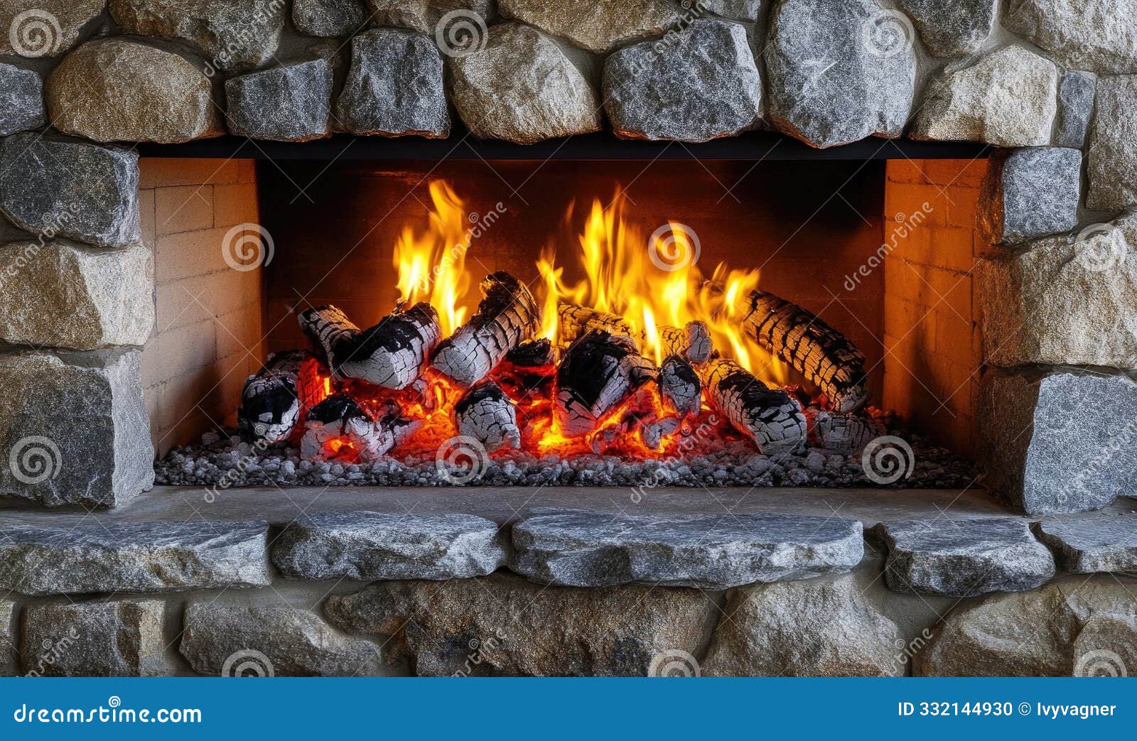 Fire Blazing in a Rustic Wood-burning Fireplace, Glowing Embers Stock ...