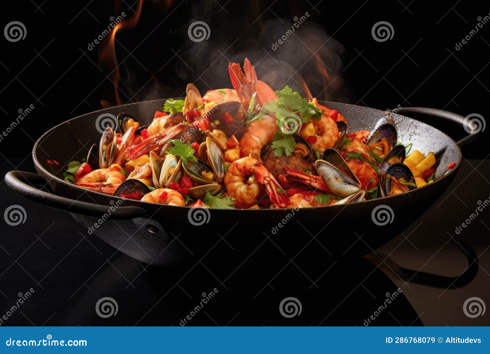Fire Blazing in a Wok with Seafood Ingredients Stock Image - Image of ...