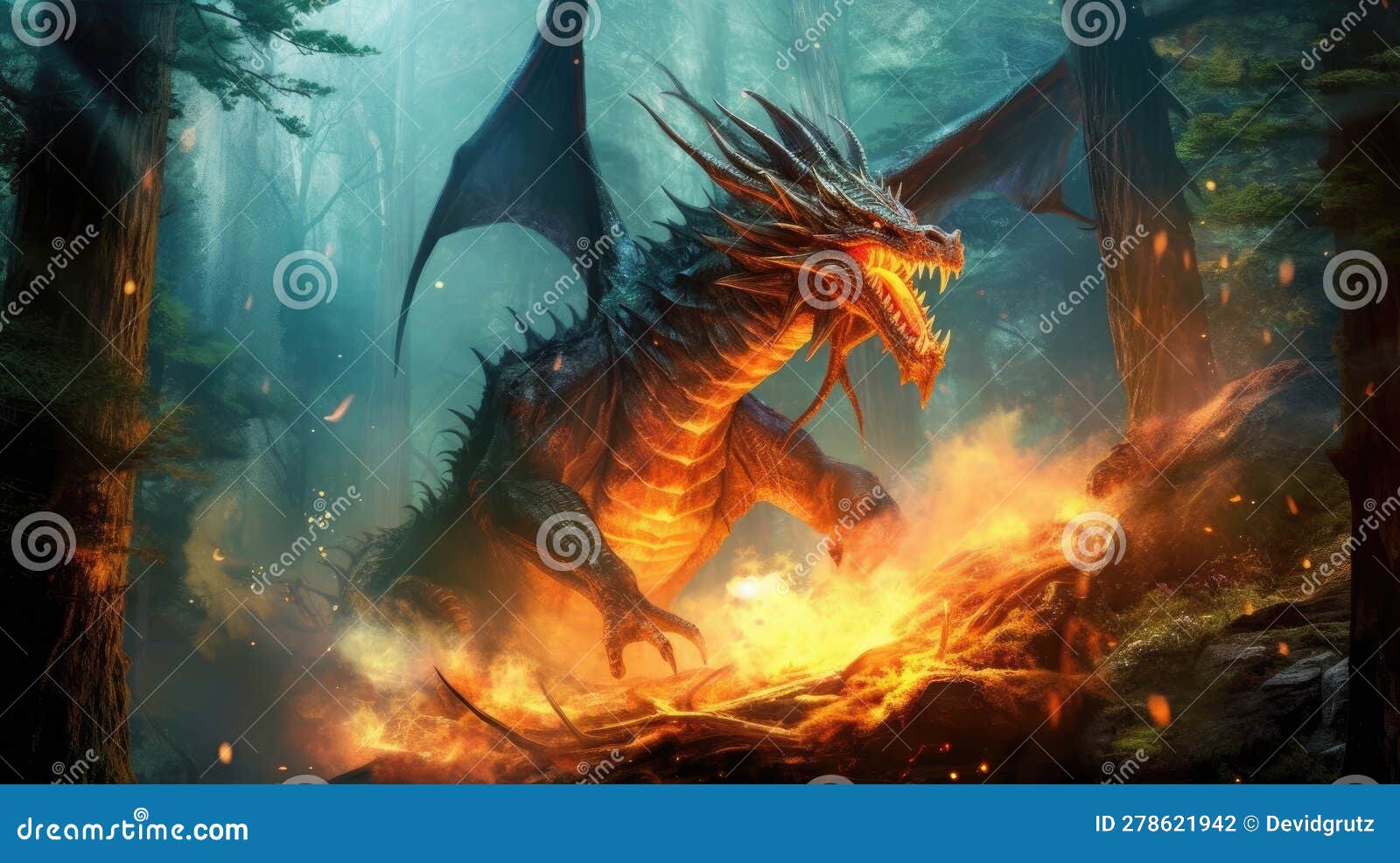 Fire-Breathing Dragon in a Mythical Forest. Generative AI Stock ...