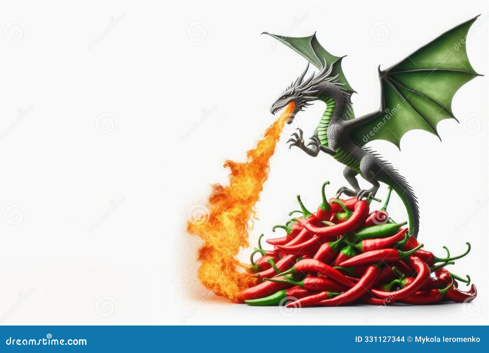 Fire-breathing Dragon on a Pile of Hot Peppers. Space for Text. Stock ...