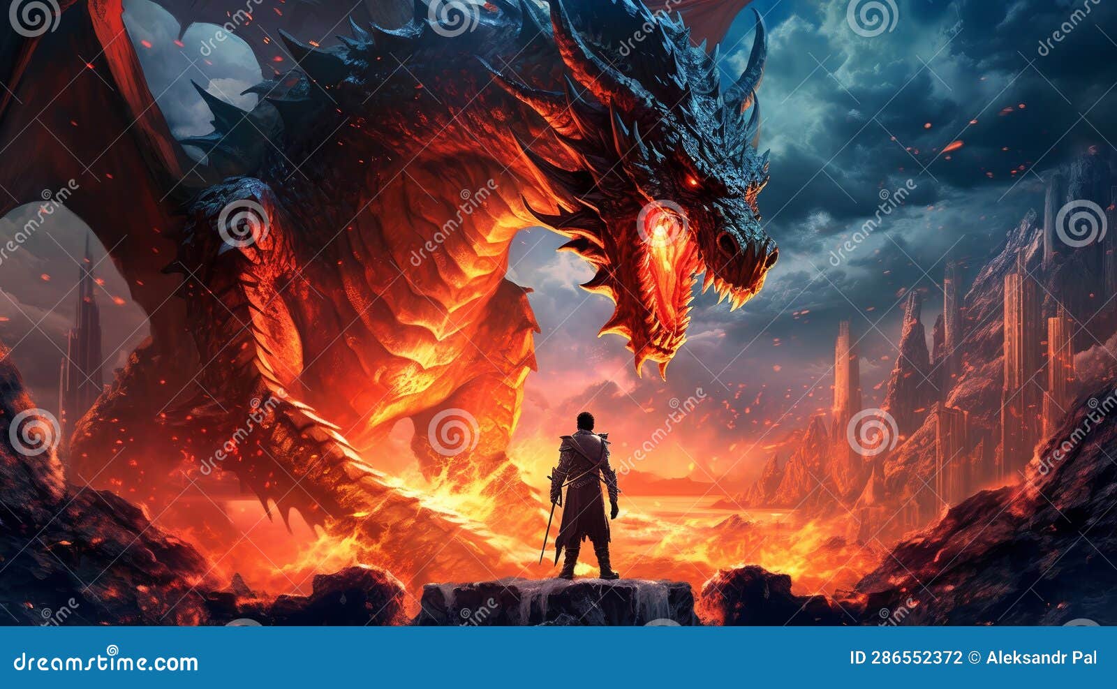 Fire Breaths Explode from a Giant Dragon in a Black Night, the Epic ...