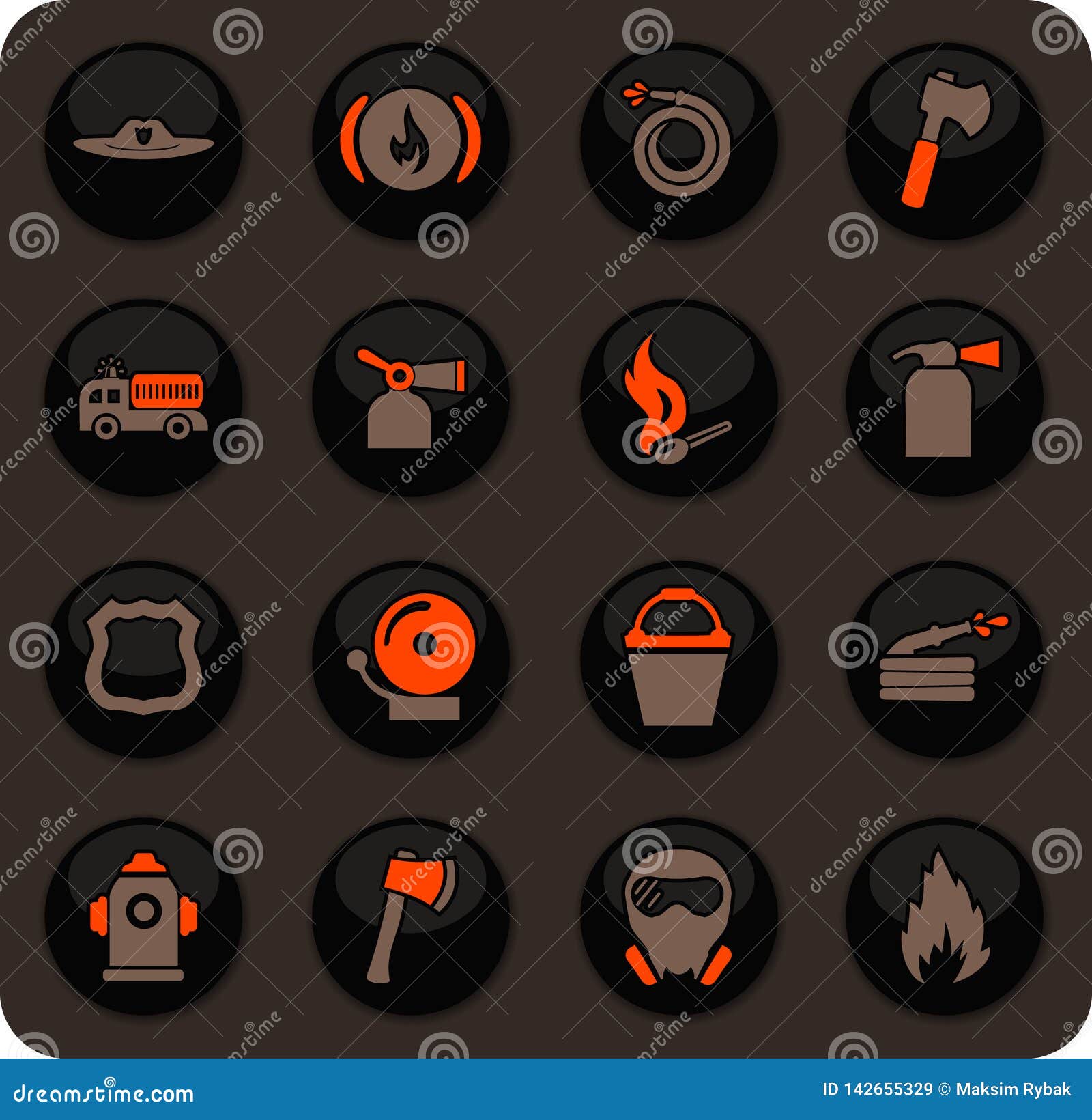 Fire brigade icons set stock vector. Illustration of firefighting ...