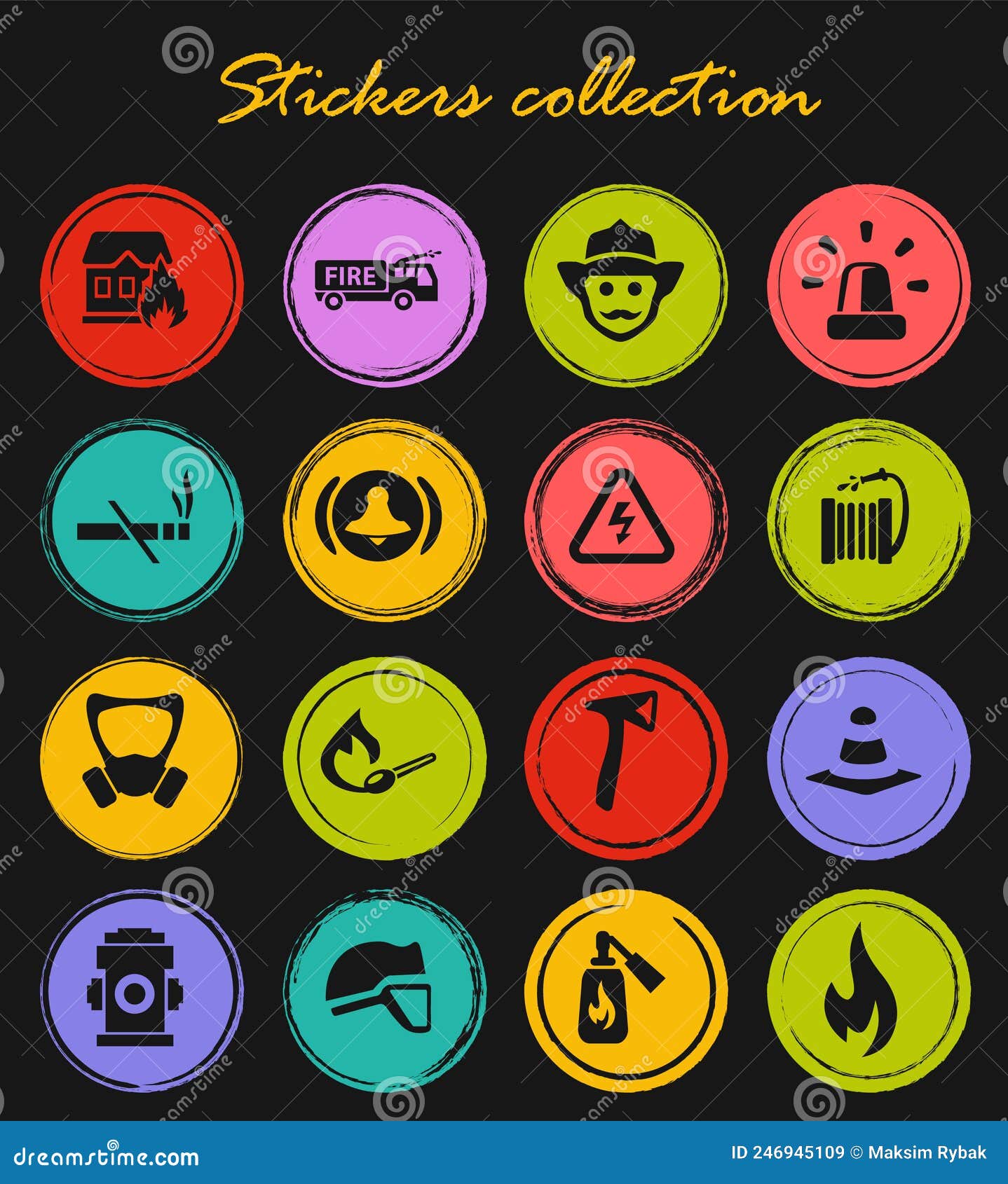 Fire brigade icons set stock illustration. Illustration of firefighter ...