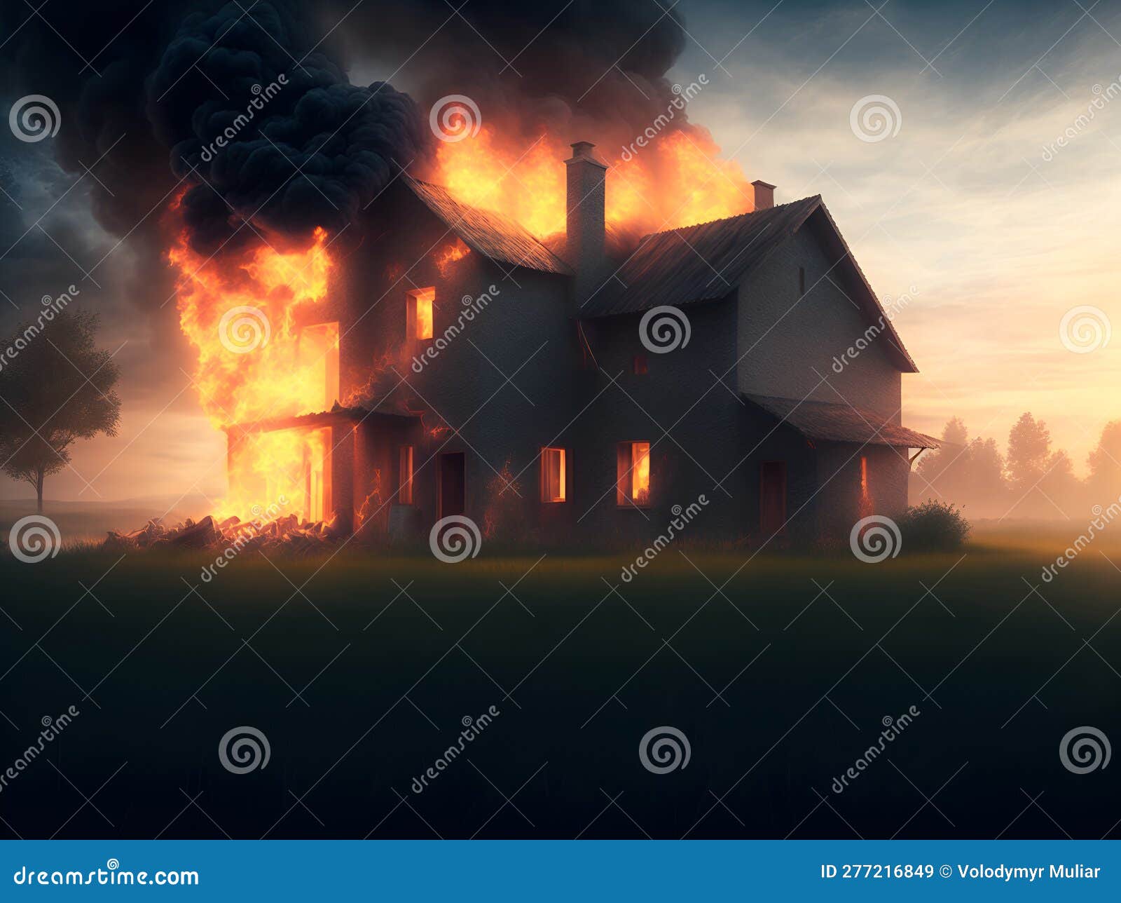 A Fire, a Building Burning in the Countryside, Heavy Fire and Thick ...