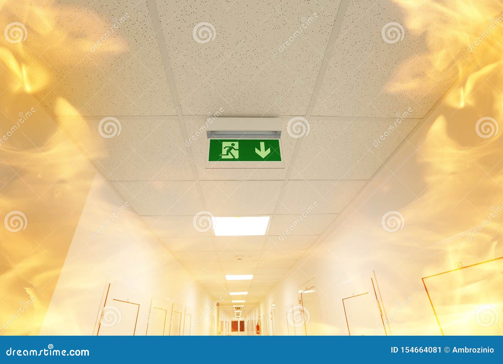 Fire in Building and Emergency Exit Stock Image - Image of flames ...