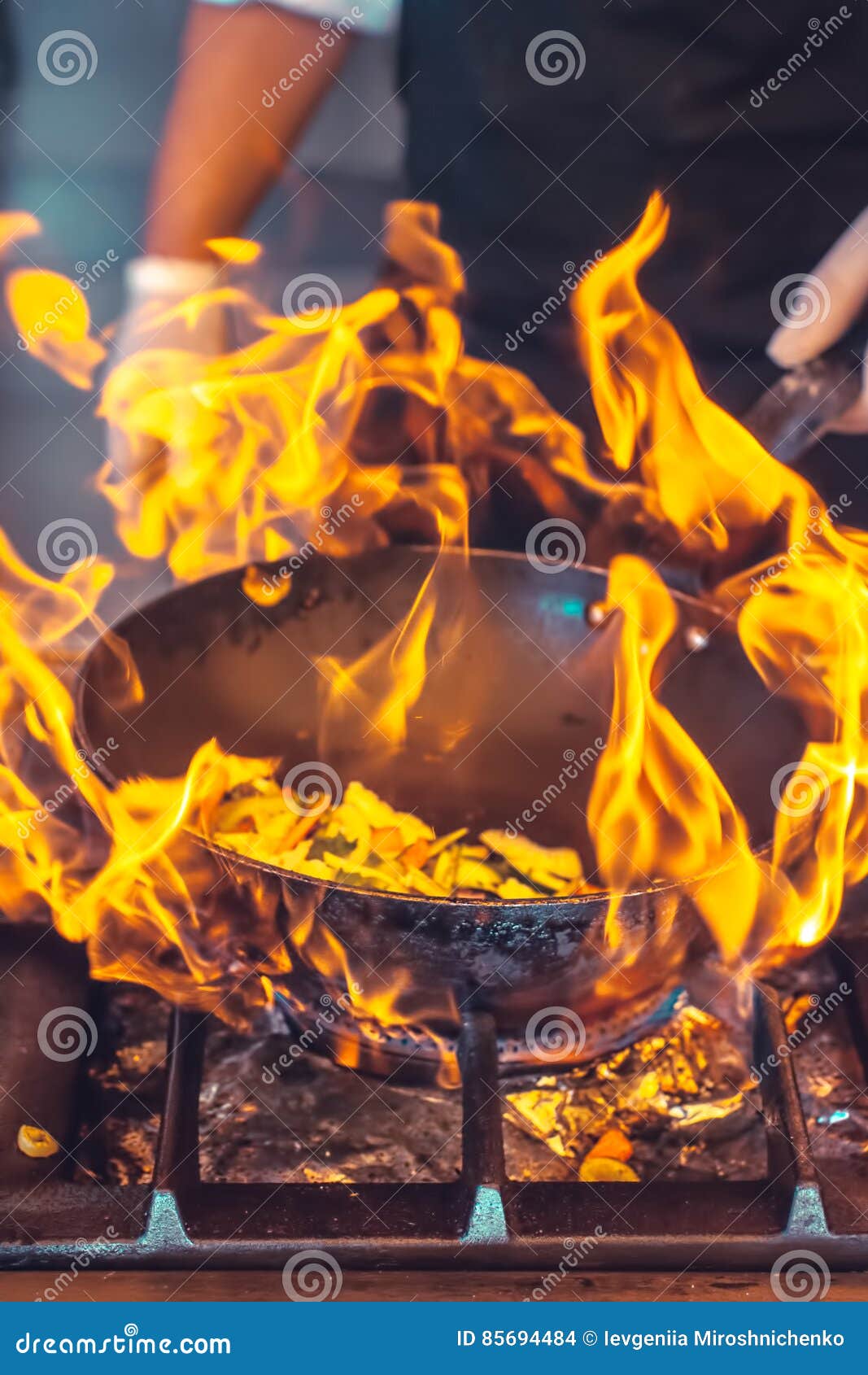 Fire Burn, Cooking on Iron Pan Stock Photo - Image of preparing, dinner ...