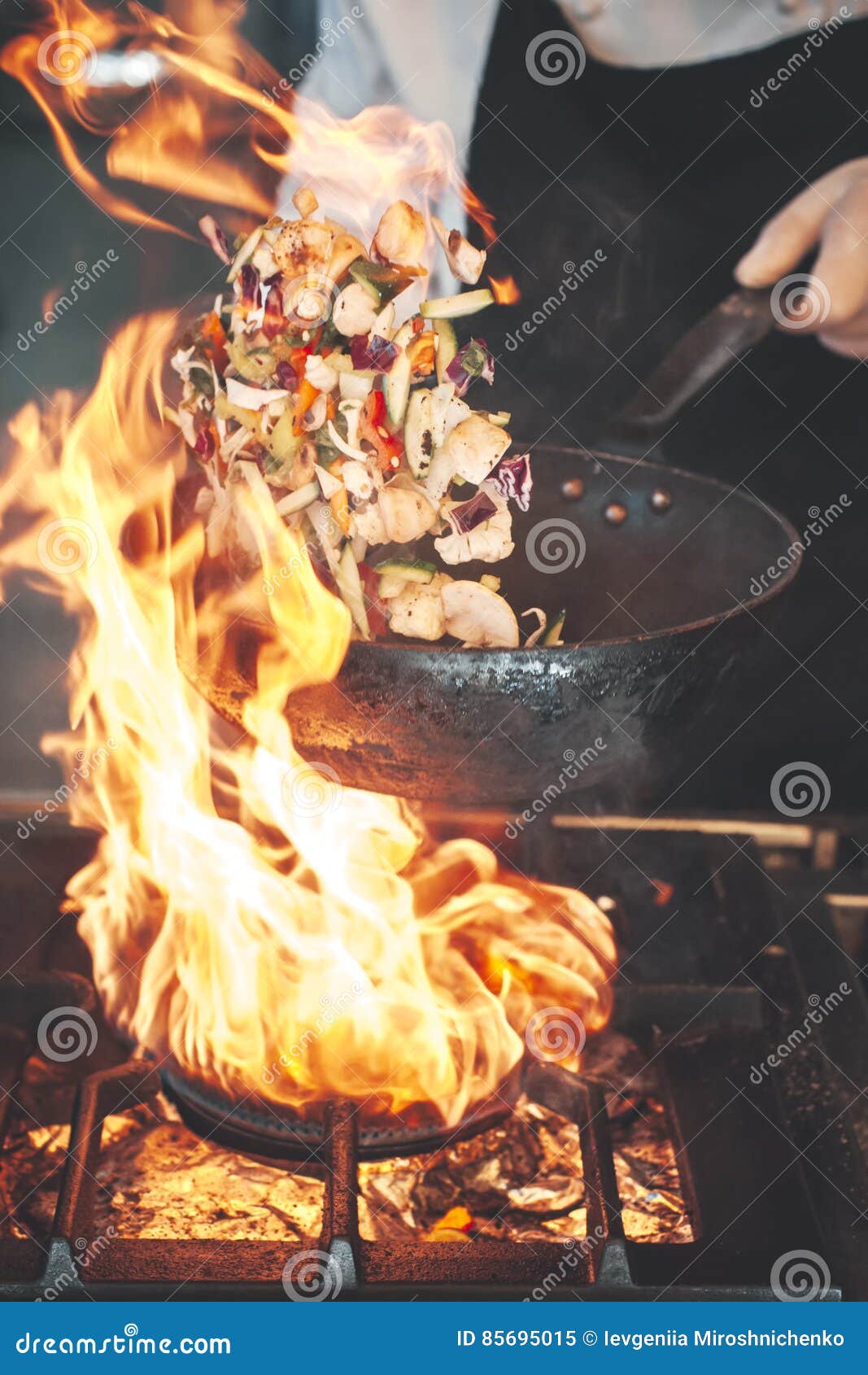 Fire Burn, Cooking on Iron Pan Stock Image - Image of frying, flame ...