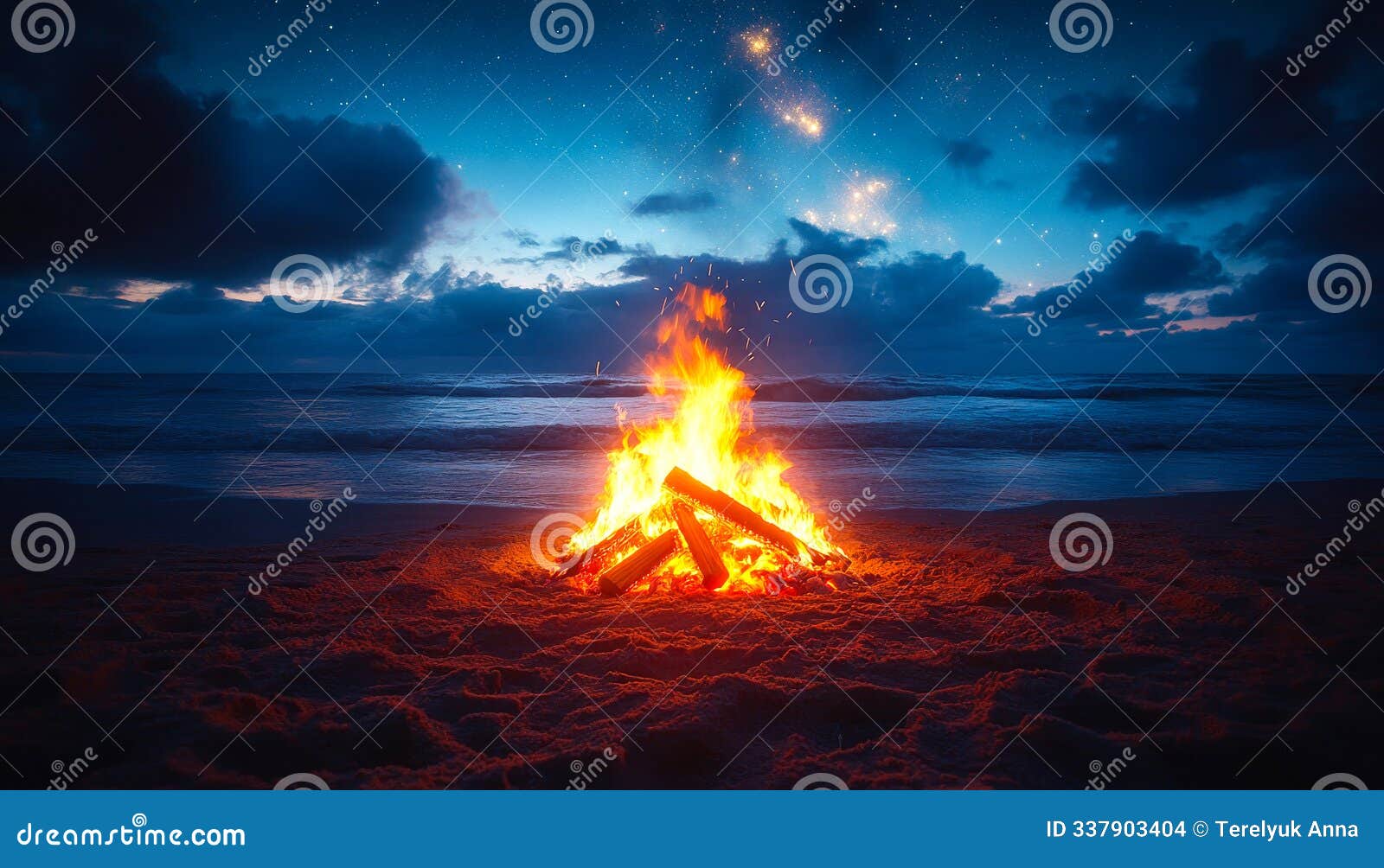 A Fire is Burning on a Beach at Night Stock Photo - Image of summer ...