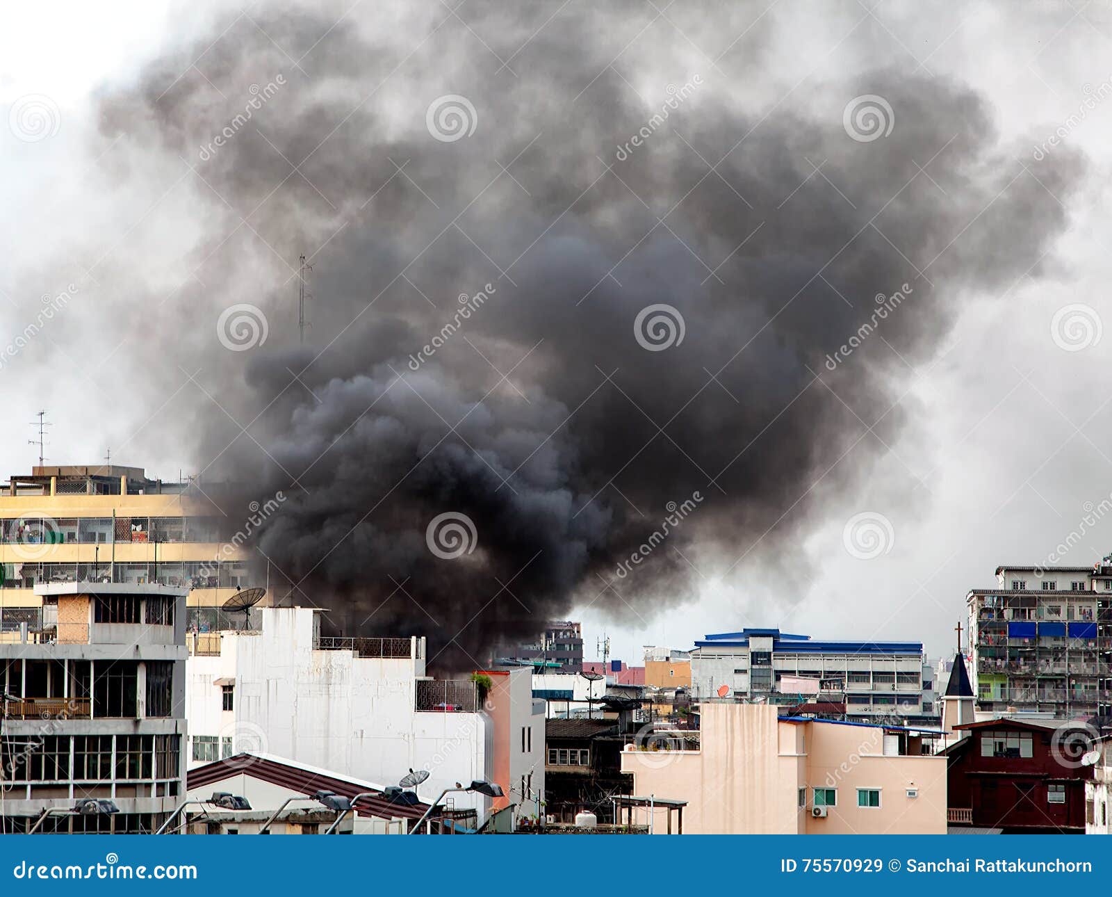Fire Burning and Black Smoke Over the Commercial Building. Stock Image ...
