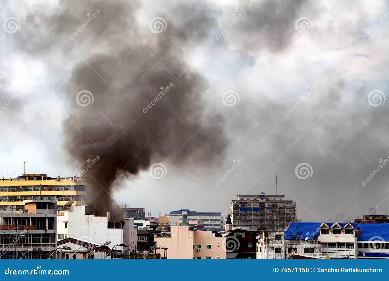 Fire Burning and Black Smoke Over the Commercial Building Stock Photo ...