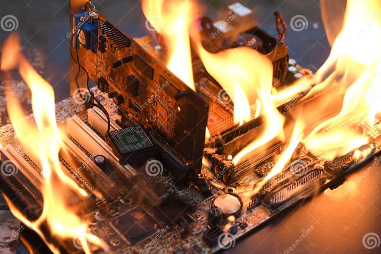 Fire Burning ,blazing Computer Motherboard, Cpu,gpu and Video Card ...