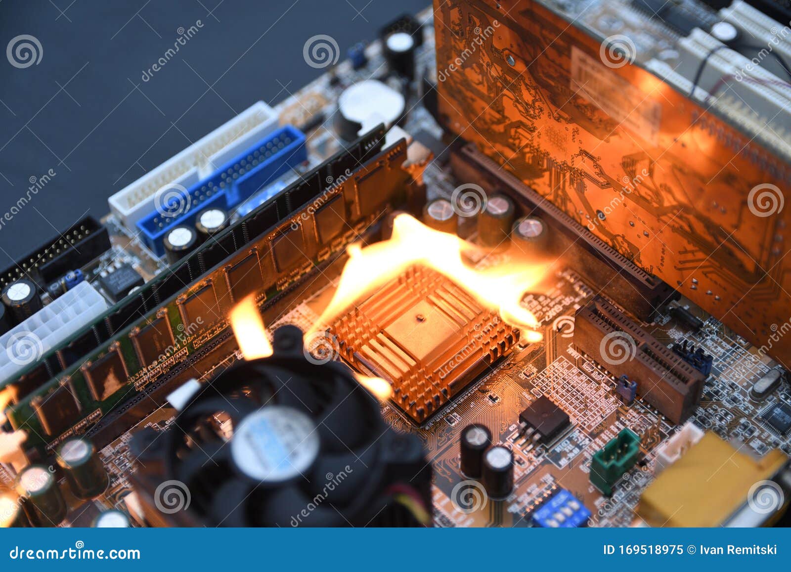Fire Burning ,blazing Computer Motherboard, Cpu,gpu and Video Card ...