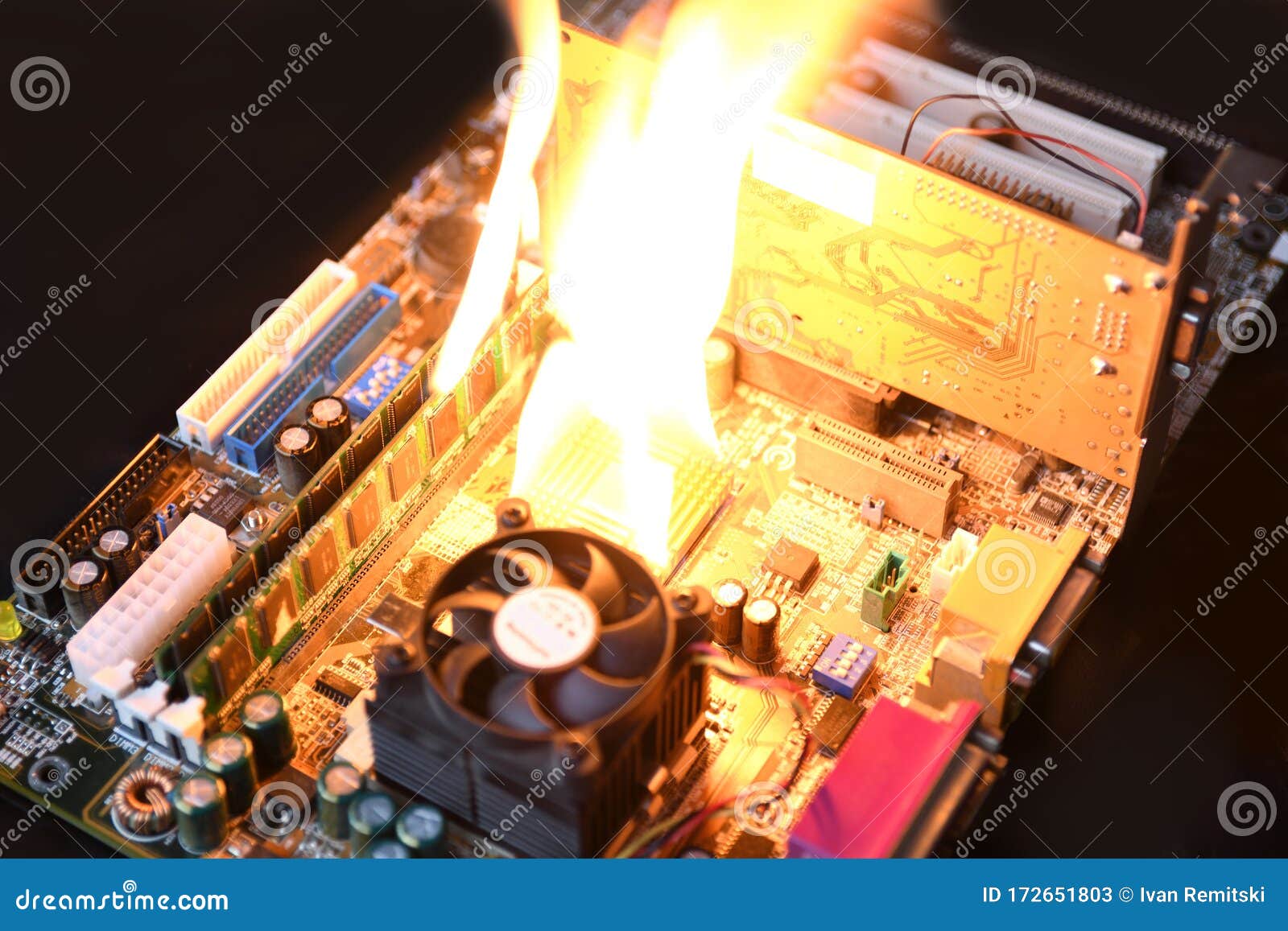 Fire Burning ,blazing Computer Motherboard, Cpu,gpu and Video Card ...