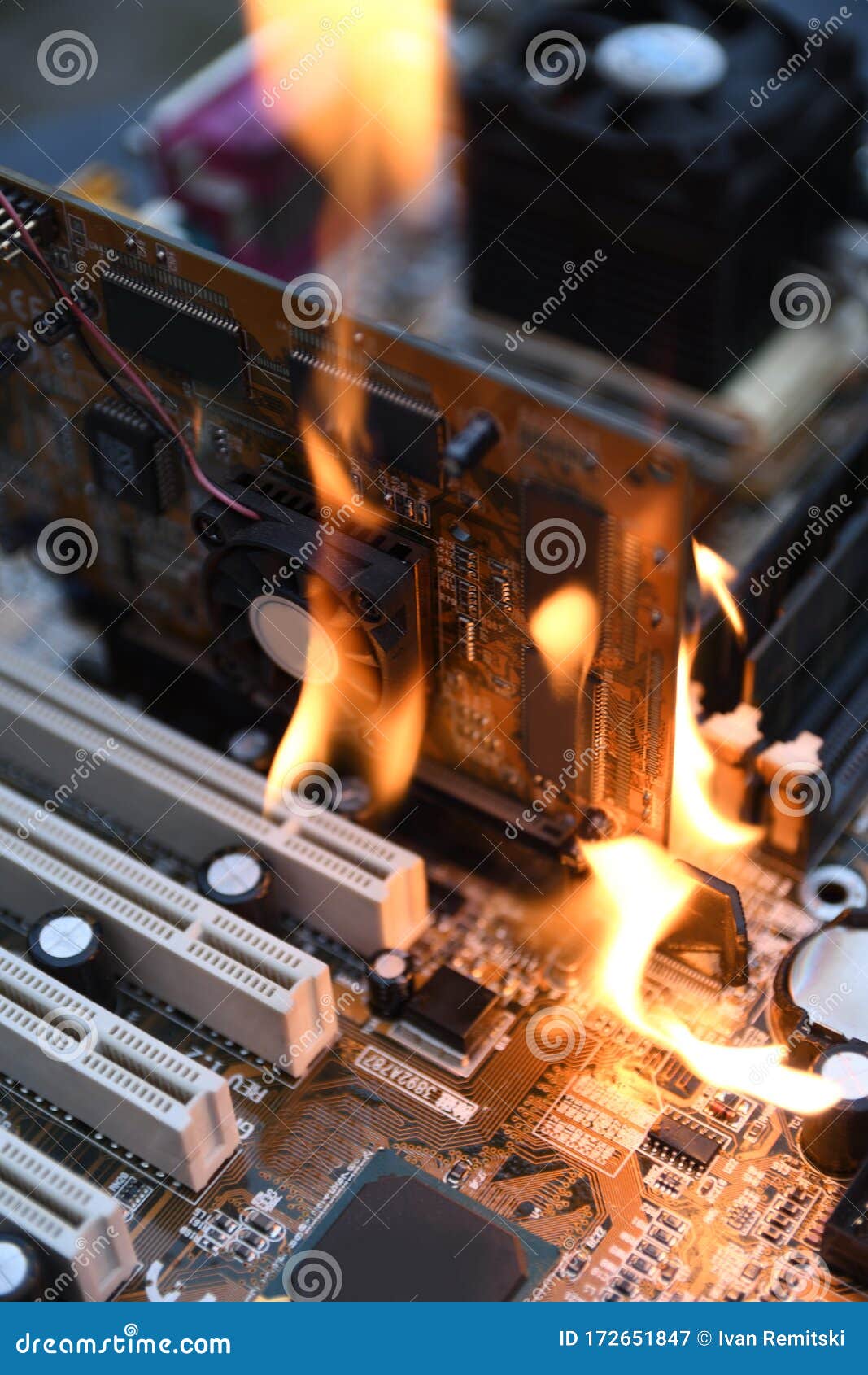 Fire Burning ,blazing Computer Motherboard, Cpu,gpu and Video Card ...