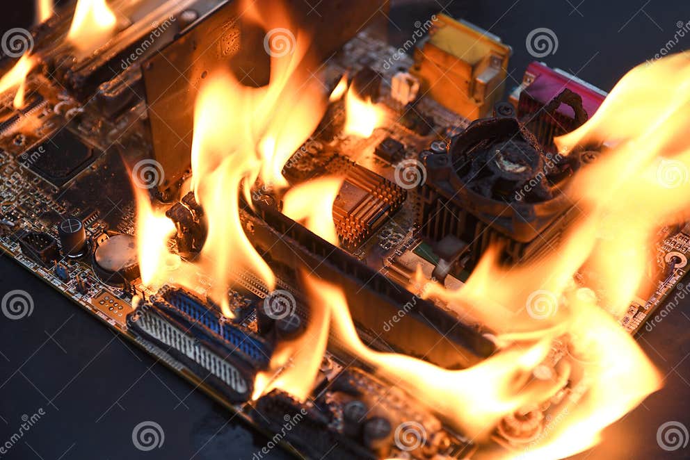 Fire Burning ,blazing Computer Motherboard, Cpu,gpu and Video Card ...