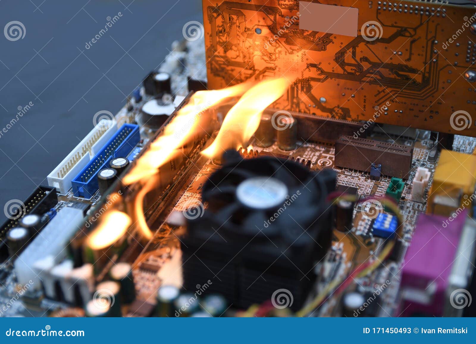 Fire Burning ,blazing Computer Motherboard, Cpu,gpu and Video Card ...
