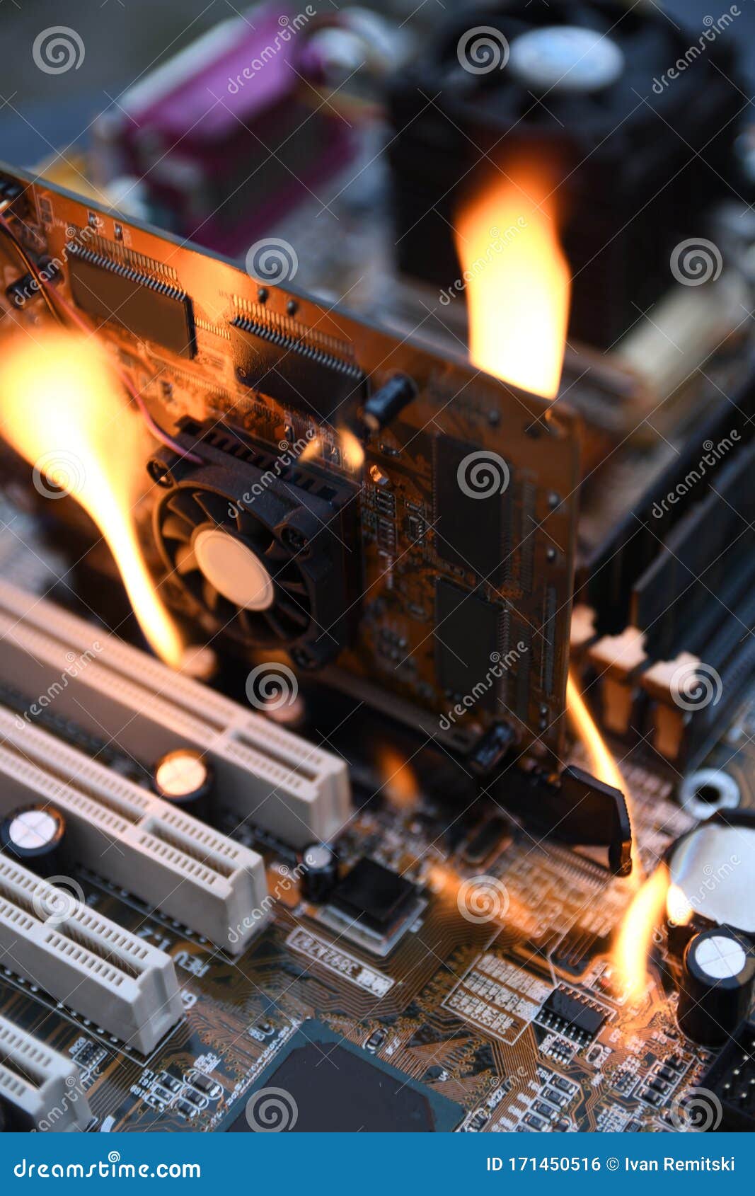 Fire Burning ,blazing Computer Motherboard, Cpu,gpu and Video Card ...