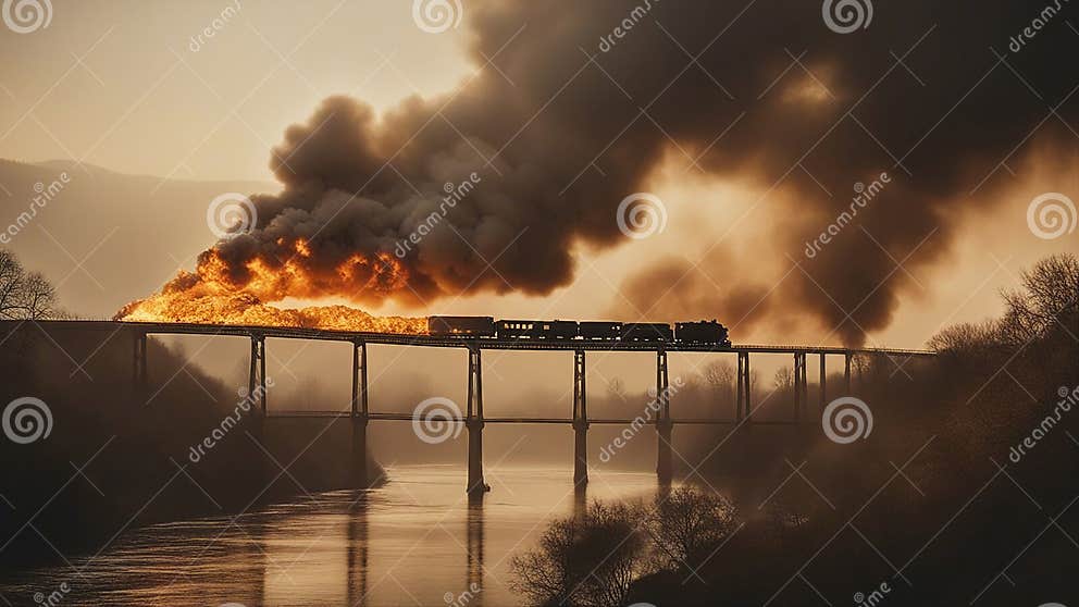 Fire Burning _ a Burning Train on Fire, Exploding, that Crosses a ...