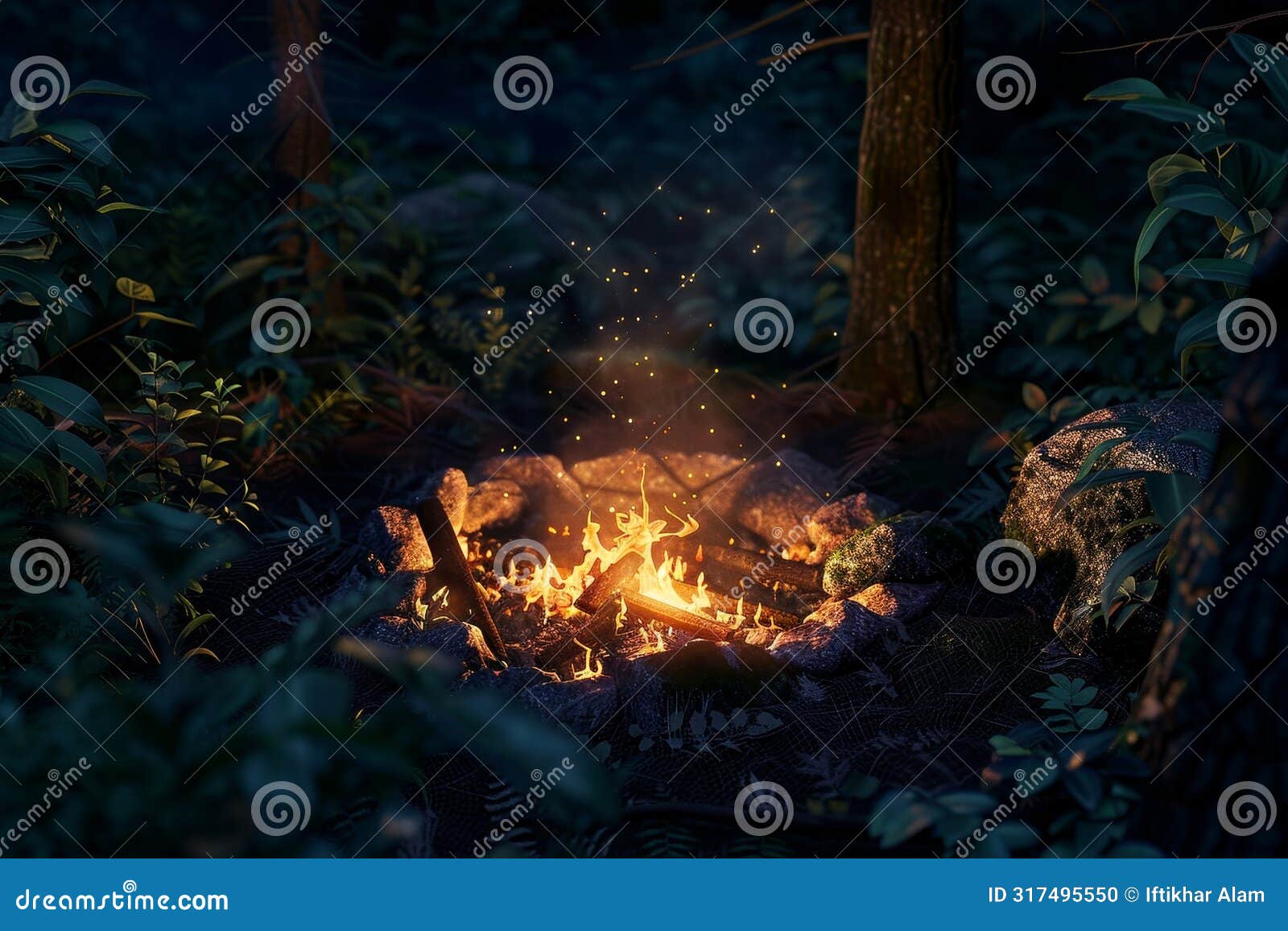 A Fire Burning in the Center of a Forest Clearing, Casting Flickering ...
