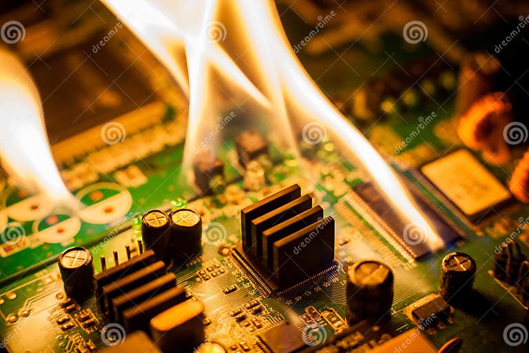 Fire Burning Circuit Board with Electronic Stock Photo - Image of ...