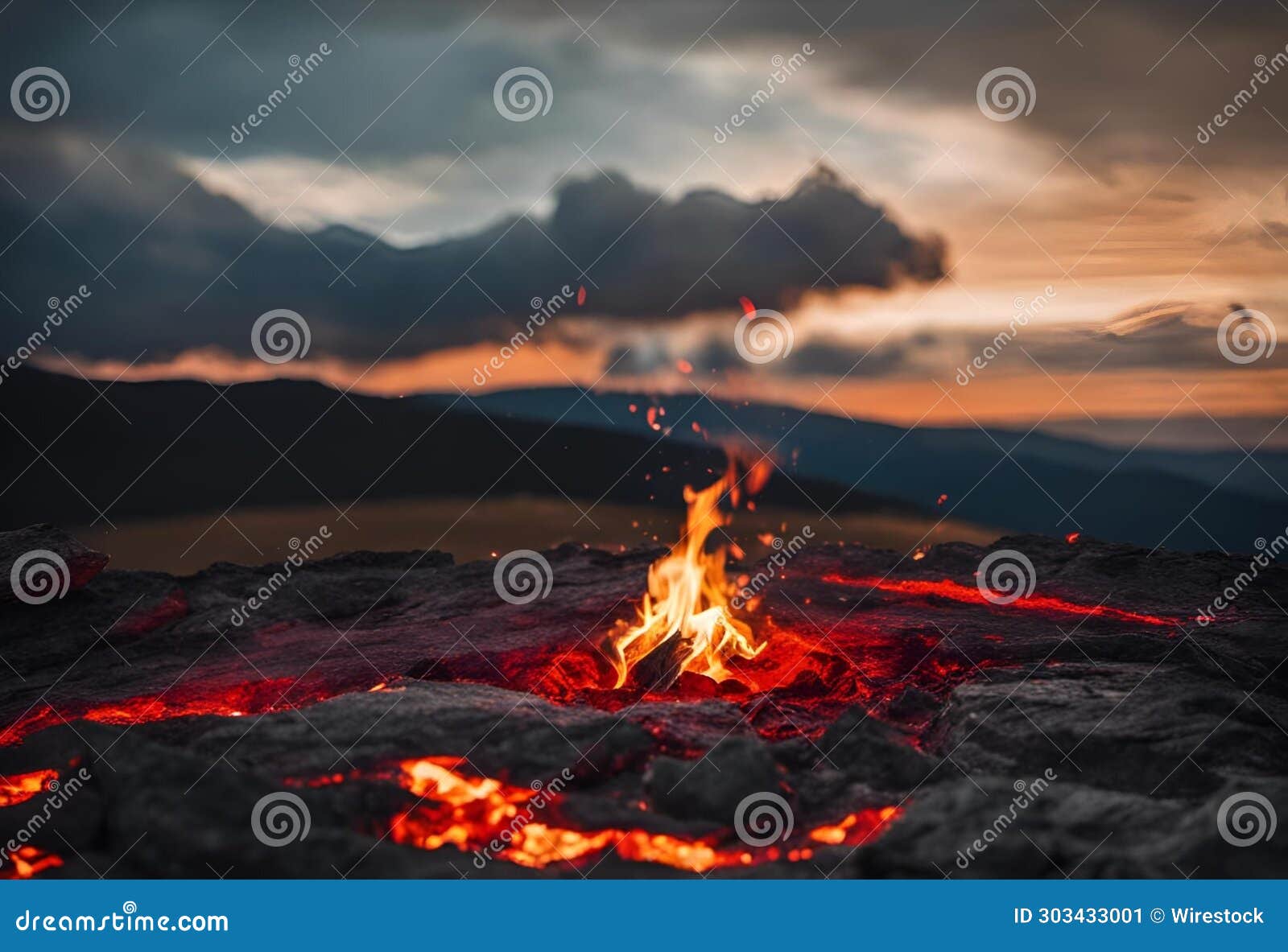 Fire is Burning in a Crater with Dark Clouds Above it Stock ...