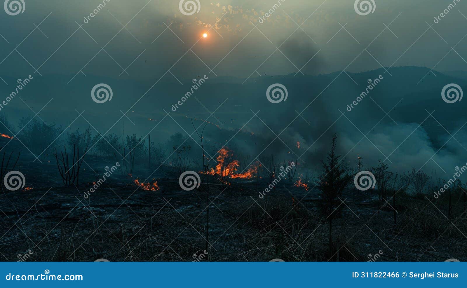 A Fire is Burning in the Distance with a Bright Sun, AI Stock Photo ...