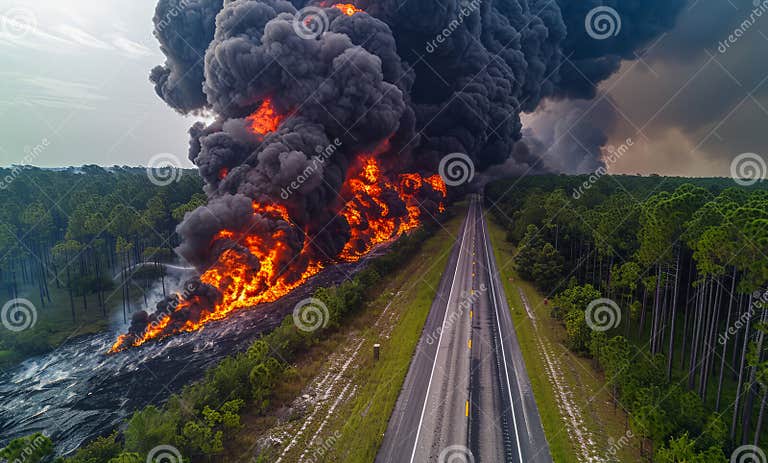 A Fire is Burning Down a Forest and a Road. the Fire is Very Large and ...