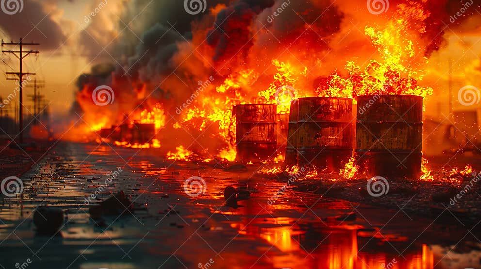 A Fire Burning in a Field with Barrels Stock Photo - Image of cutting ...