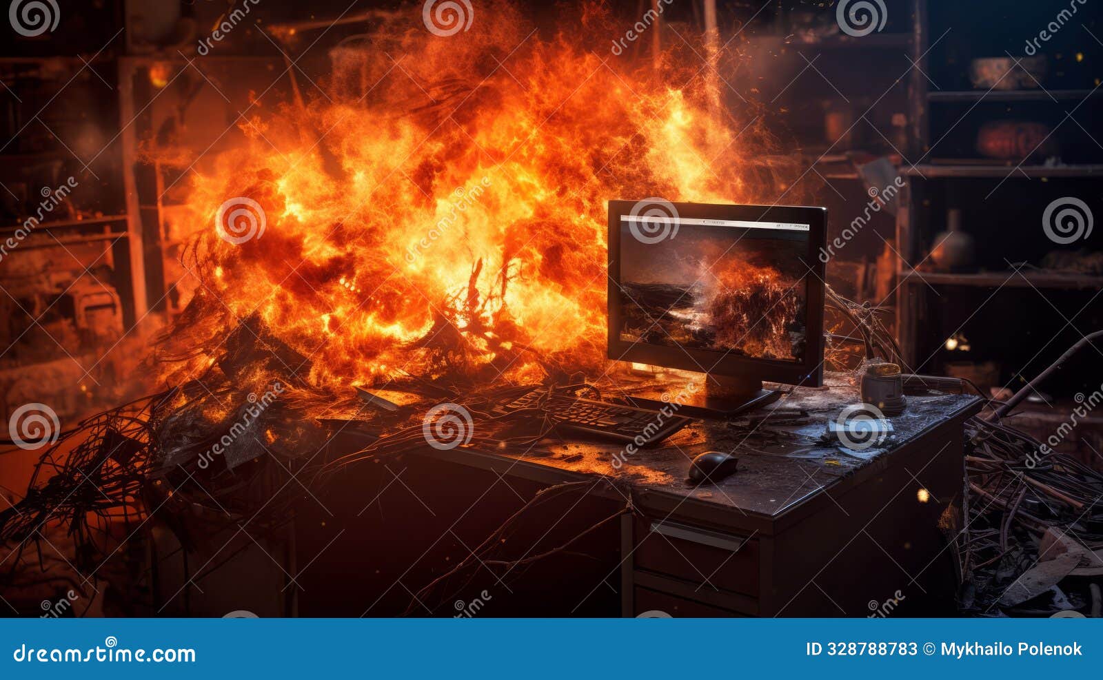 Fire Burning Inside the Office Room Interior. Fire Accident Concept ...