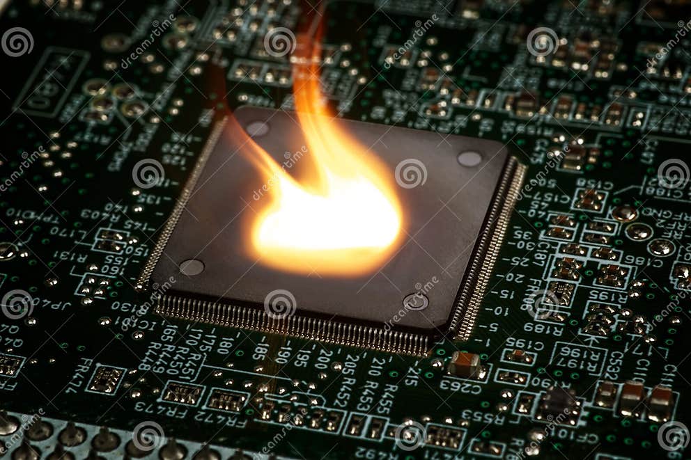 Fire Burning Micro Chip on Circuit Board with Electronic Stock Image ...