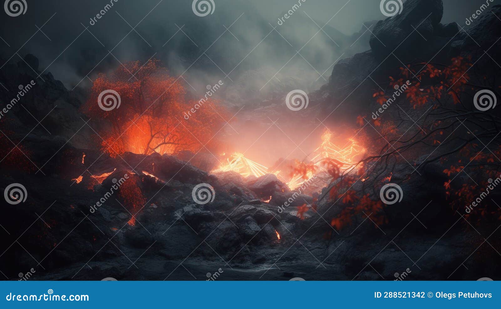 A Fire Burning in the Middle of a Rocky Area with Trees and Rocks on ...