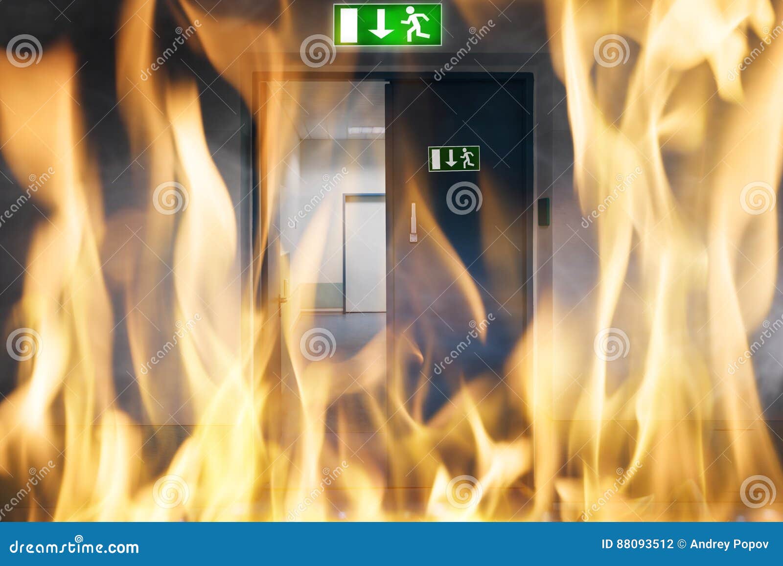 Fire Burning Near an Emergency Exit Door Stock Photo - Image of away ...