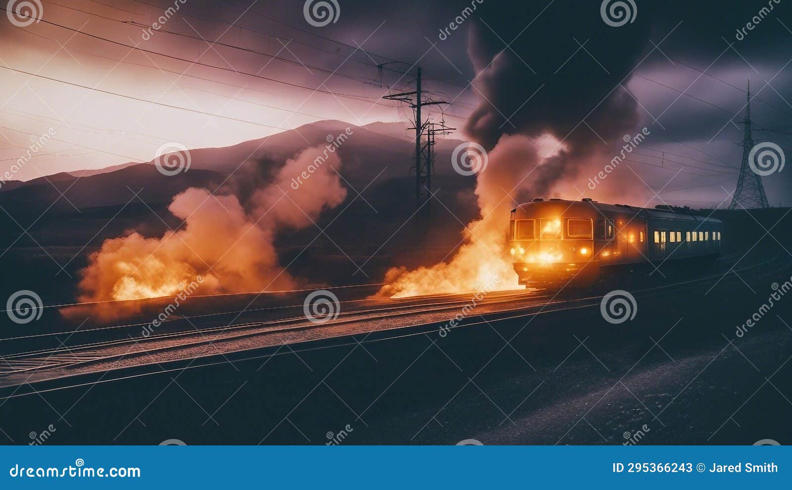 Fire Burning in the Night Train Driving through Fire and Ice, with ...