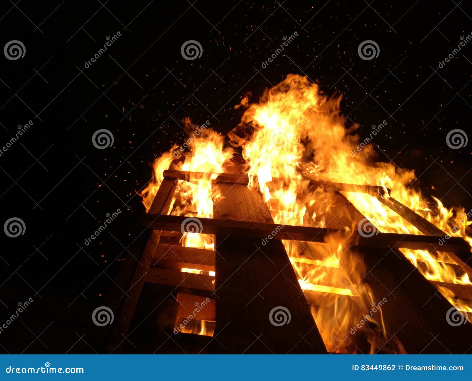 Fire stock photo. Image of dark, pallets, burning, sparks - 83449862