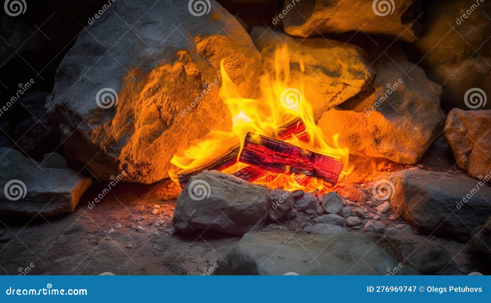 A Fire Burning in a Stone Fireplace with Rocks Around it Stock ...