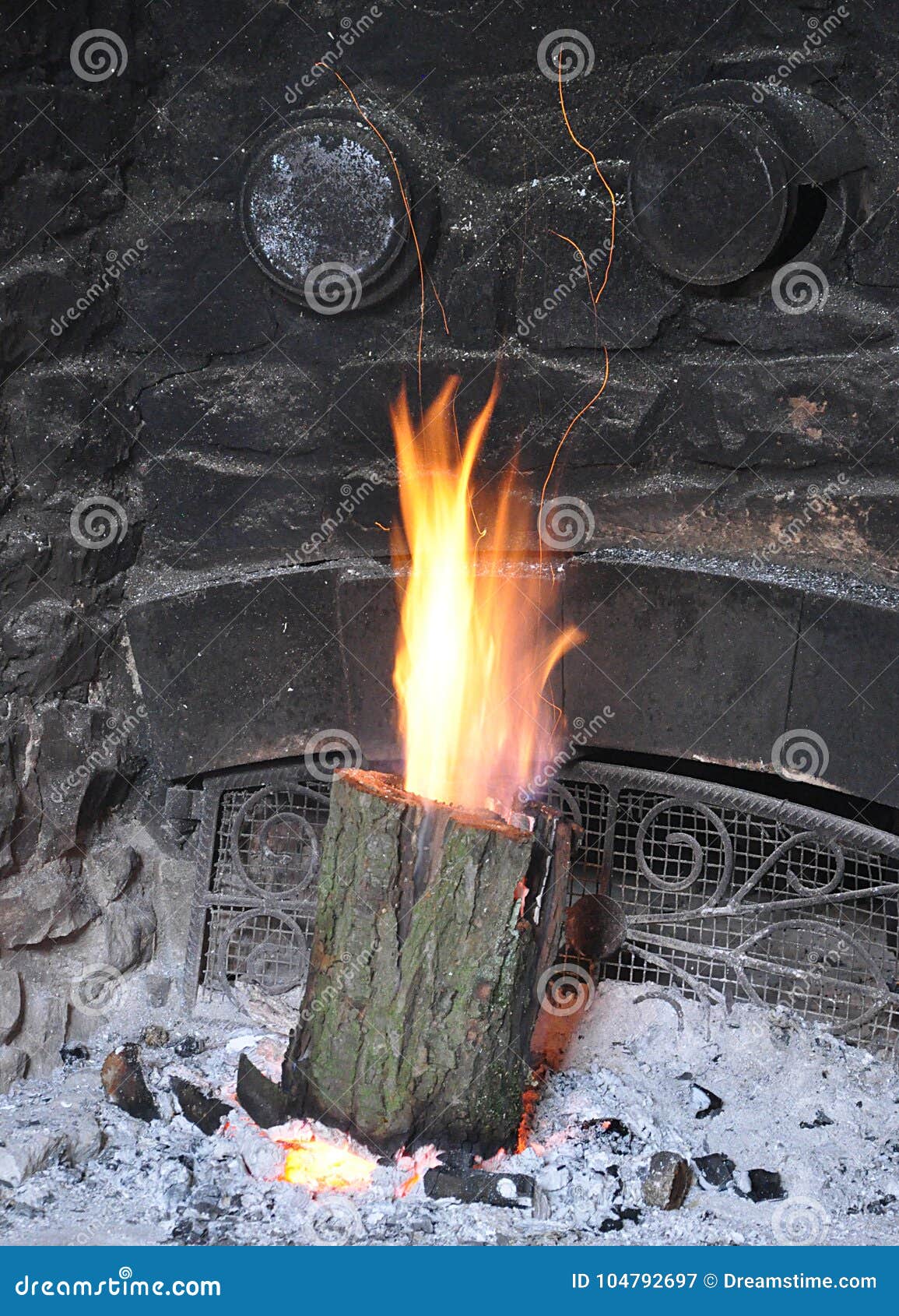 A Burning Log in the Fireplace Stock Image - Image of fireplace ...