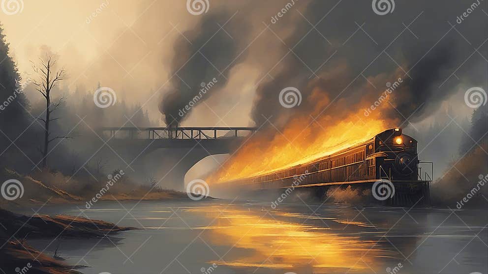 Fire a Burning Train on Fire, Exploding, that Crosses a Exploding ...