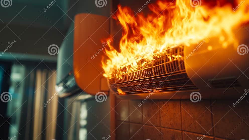 A Fire Burns an Air Conditioner in a Kitchen Stock Image - Image of ...