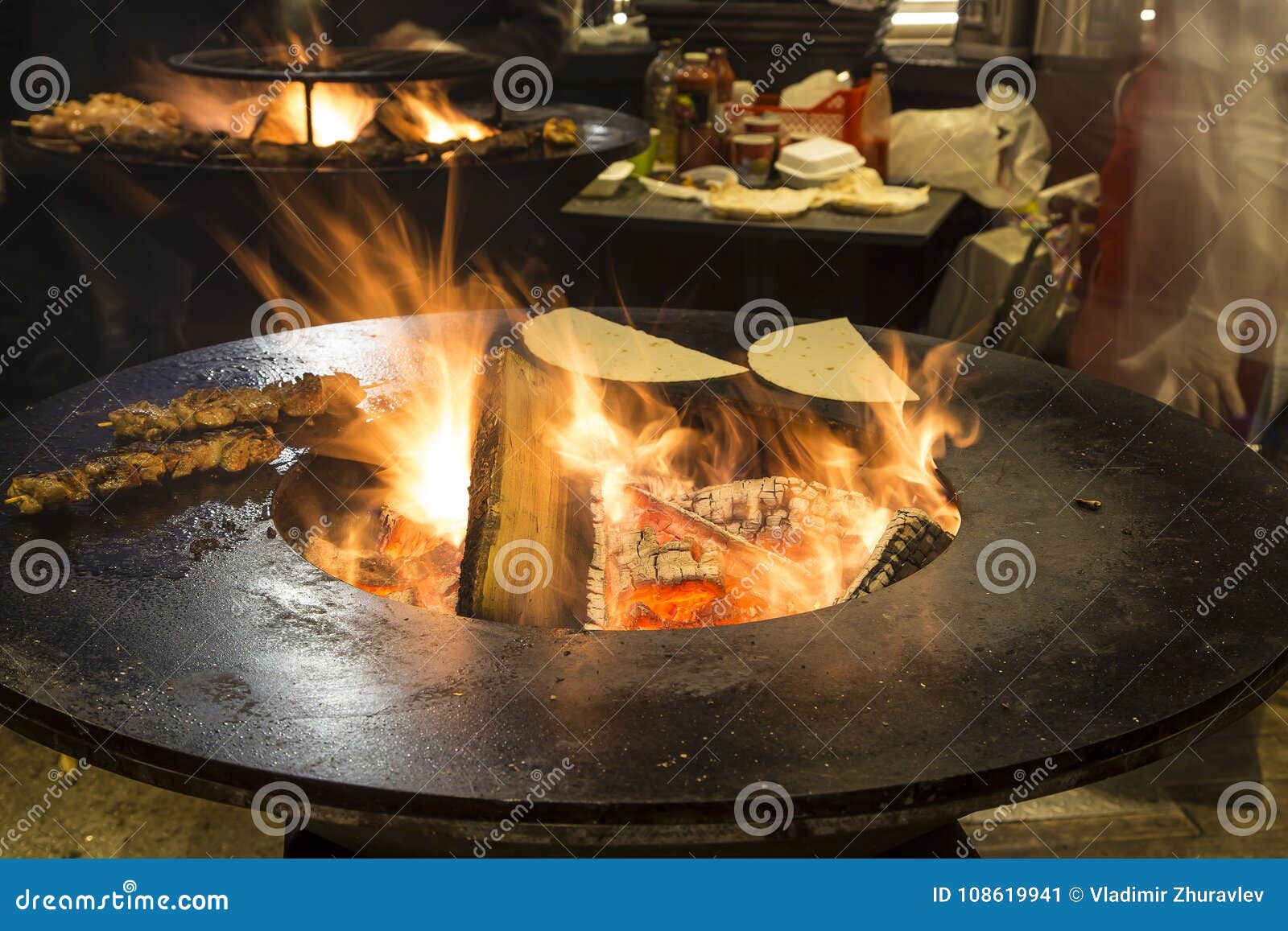Fire Burns in a Big Brazier, Late Evening. Stock Image - Image of grate ...