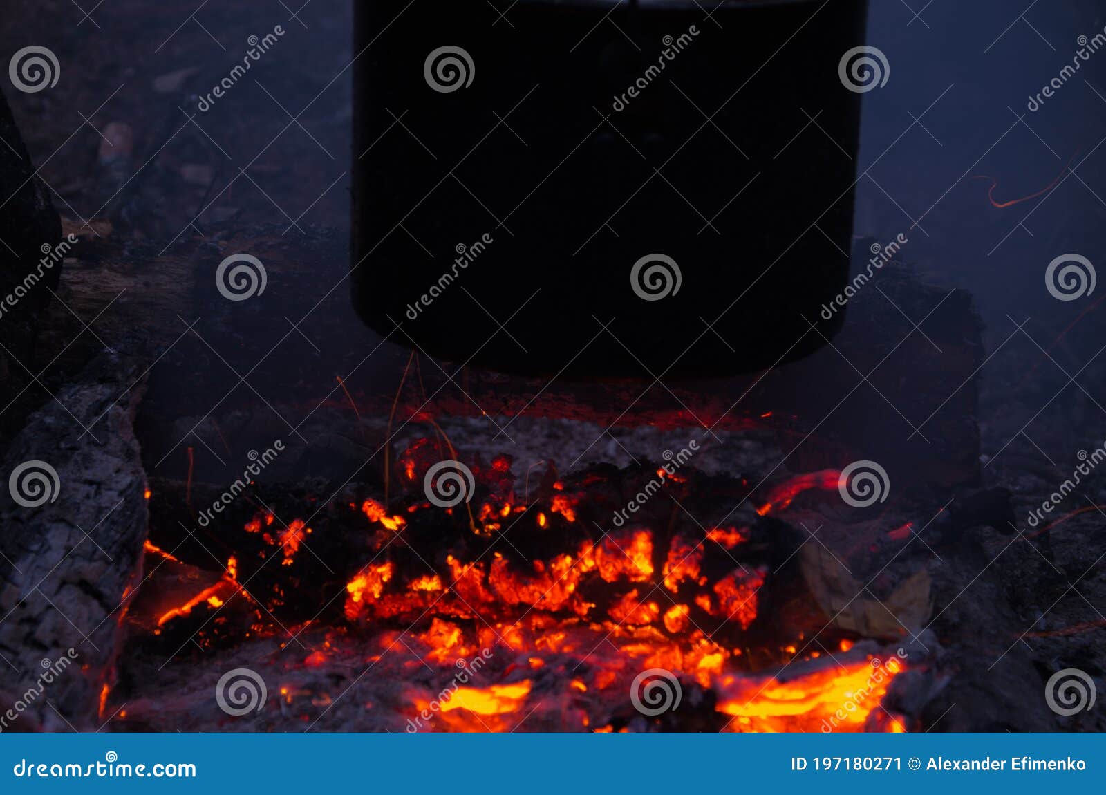 Fire Burns in the Campaign. Pot of Tea by the Fire Stock Image - Image ...